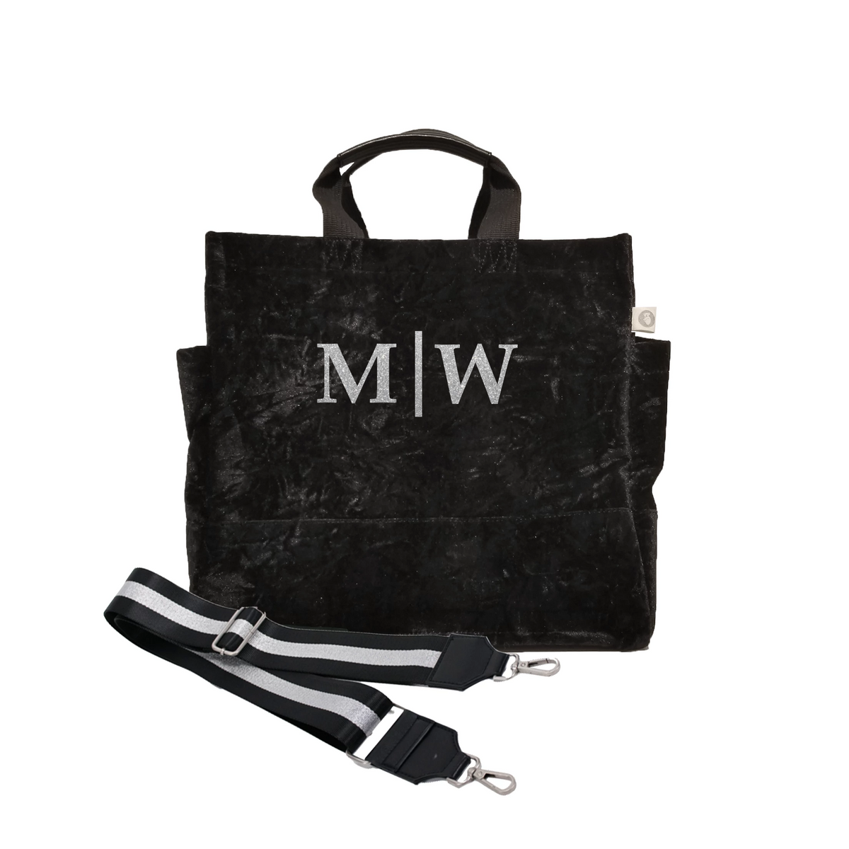 Split Letter Monogram Black Crushed Velvet North South Bag With Stripe ...