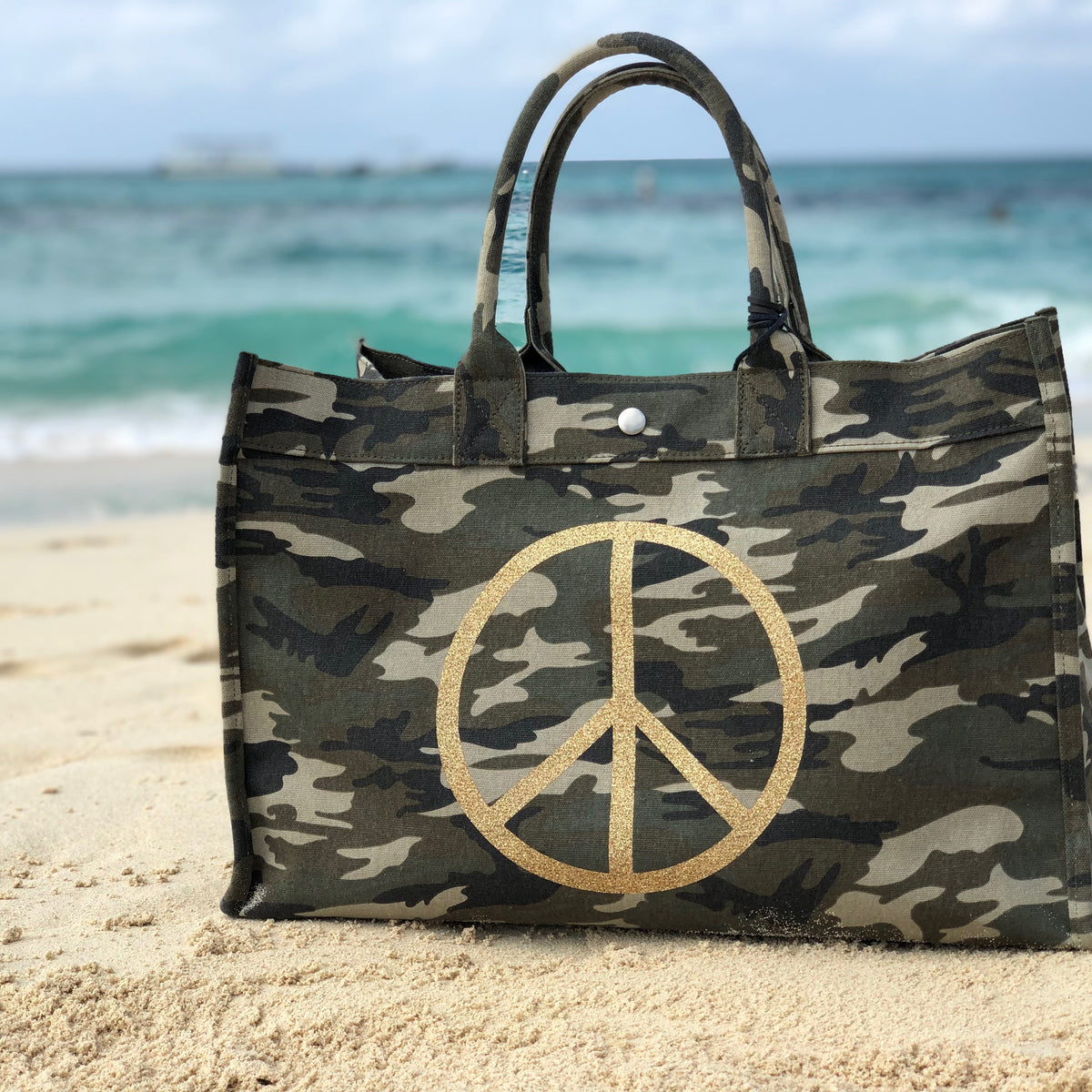 East-West Bag Green Camouflage with Jumbo Peace Sign – Quilted Koala